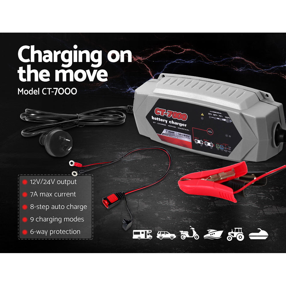 Smart Battery Charger 7A Lithium AGM Deep Cycle Portable Automatic